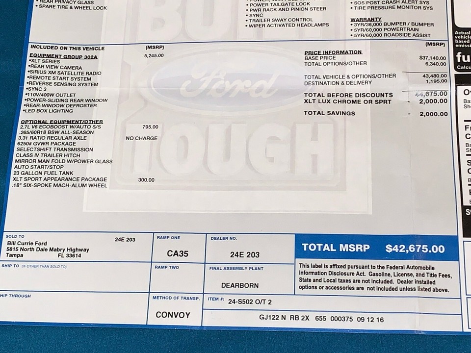 2016 Ford F-150 4X2 Supercrew 2.7L V6 Ecoboost Monroney Label Window ...