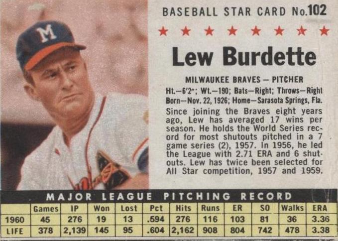 1961 Post - Lew Burdette #102 Hand Cut for sale online | eBay
