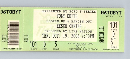Toby Keith Concert Full Ticket Stub Hooking Up & Hanging Out Tour Event ...