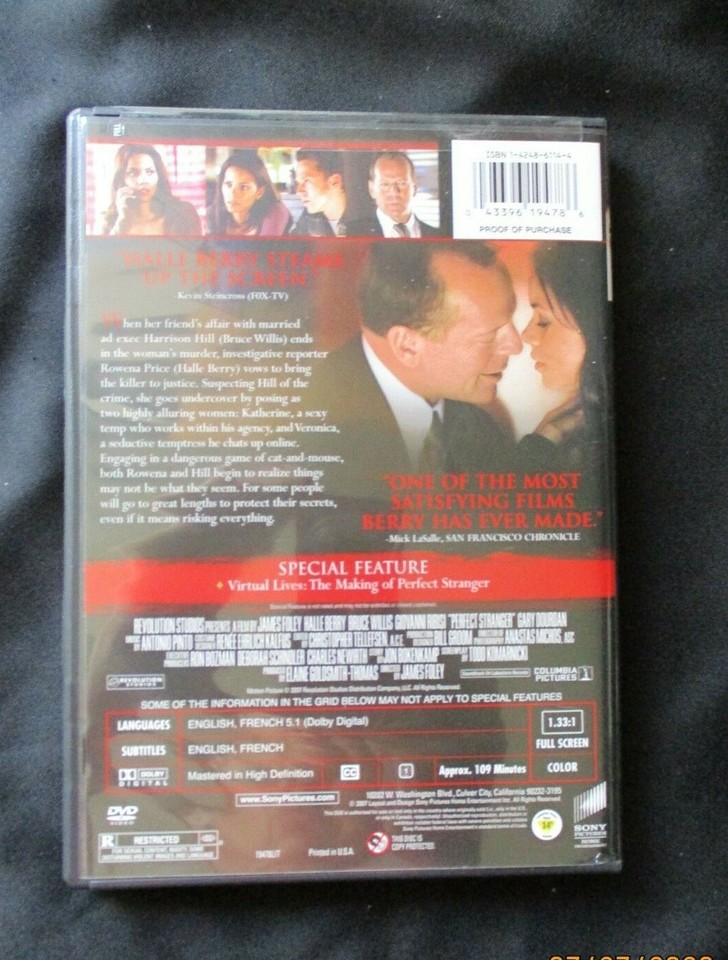 Perfect Stranger (DVD 2007 Full Screen W/ Slipcover) Halle Berry, Bruce ...
