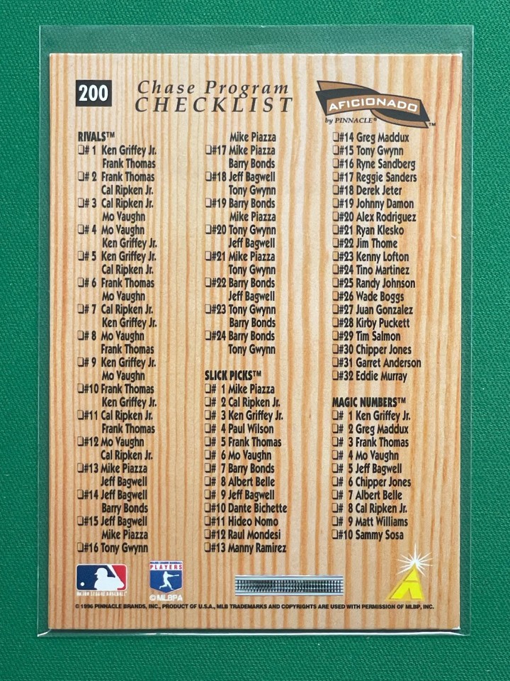 1996 Pinnacle Aficionado #200 Frank Thomas Chase Program Checklist CL ...