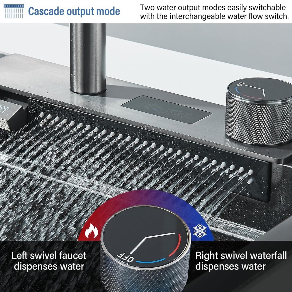 30X18 INCH Two Waterfall Smart Kitchen Sink with Digital Display Pull ...