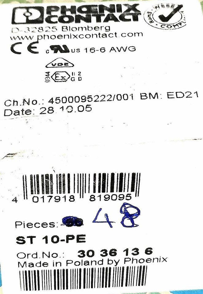 Inahlt 48 Pieces Phoenix Contact ST 10-PE 3036136 Din Rail Terminal ...