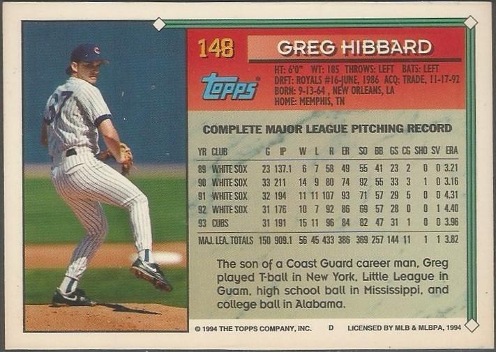 1994 Topps Baseball Card #148 - Greg Hibbard - Pitcher - Chicago Cubs ...