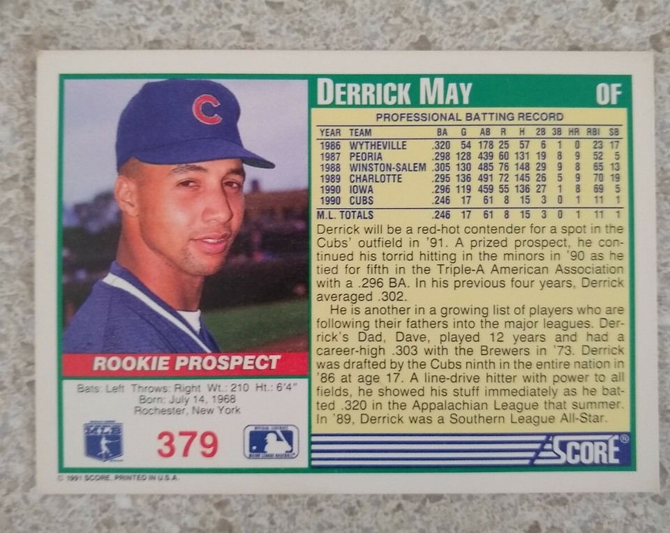 1991 Score Rookie Prospect Card #379 Derrick May MLB Baseball Chicago ...