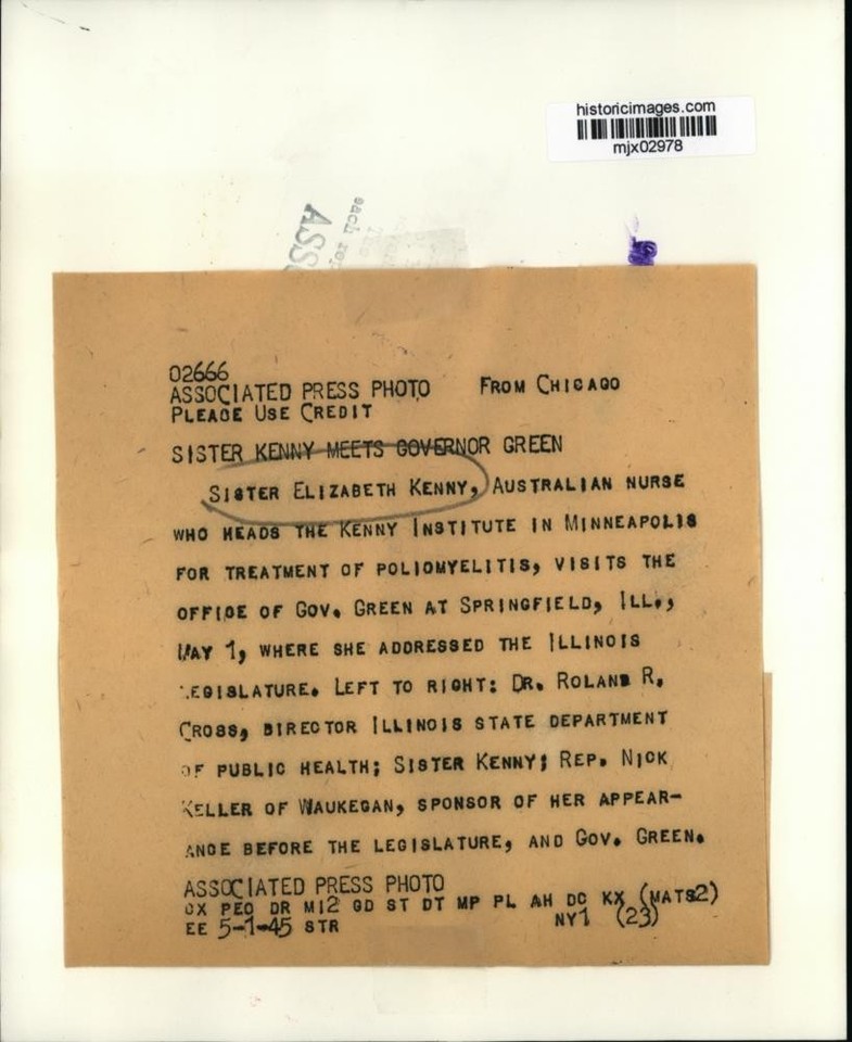 1945 Press Photo Sister Kenny, Dr. Roland Cross, Rep. Nick Keller, Gov ...