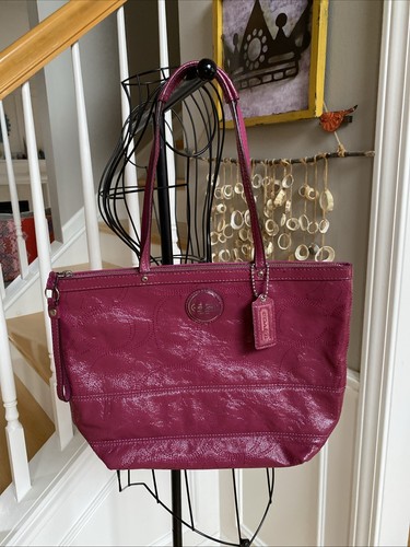 COACH F15142 RASPBERRY PATENT LEATHER SIG C PURSE TOTE SHOULDER SHOPPER ...