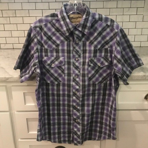 Wrangler Pearl Snap Shirt Mens Medium Purple Black Plaid Western Cowboy ...