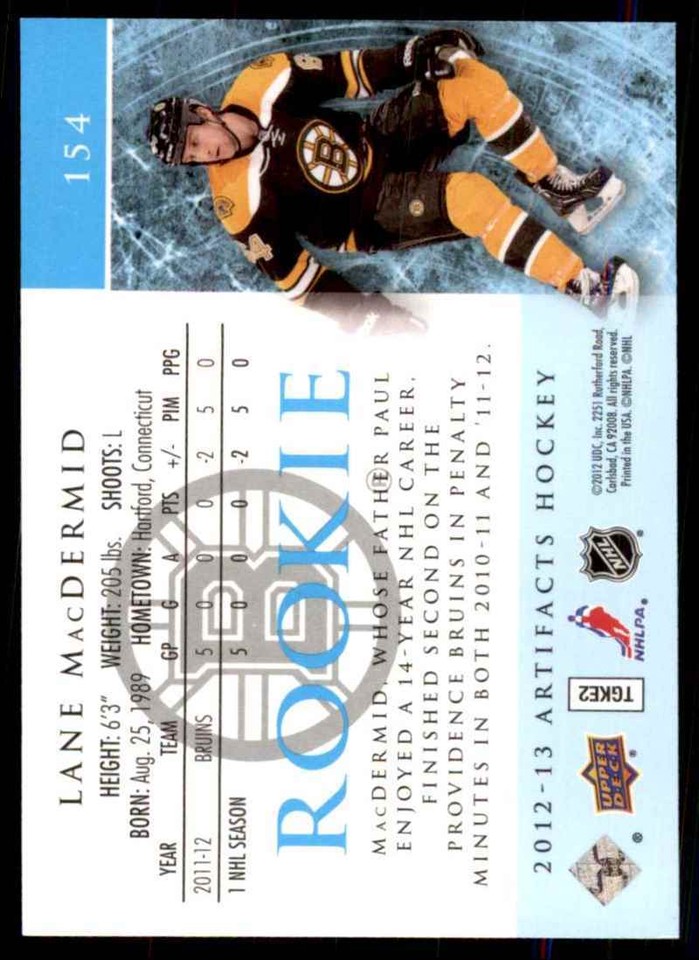 2012-13 Upper Deck Artifacts Lane MacDermid RC RC 787/999 #154 | eBay