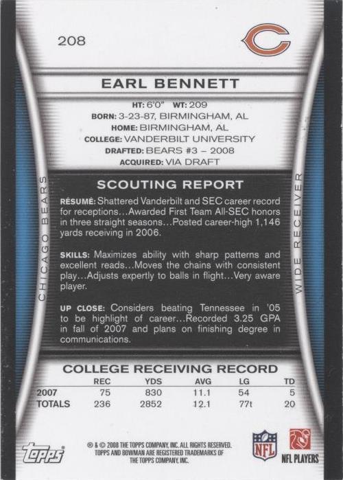 2008 Bowman Earl Bennett #208 for sale | eBay