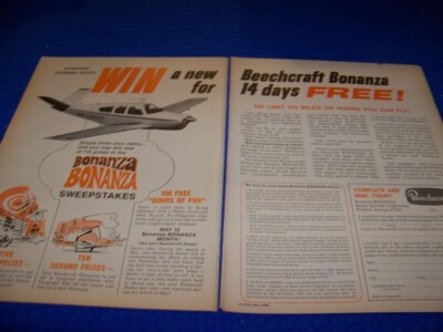 1968 BEECHCRAFT BONANZA SWEEPSTAKES "WIN A NEW BONANZA"..1-PAGE SALES ...