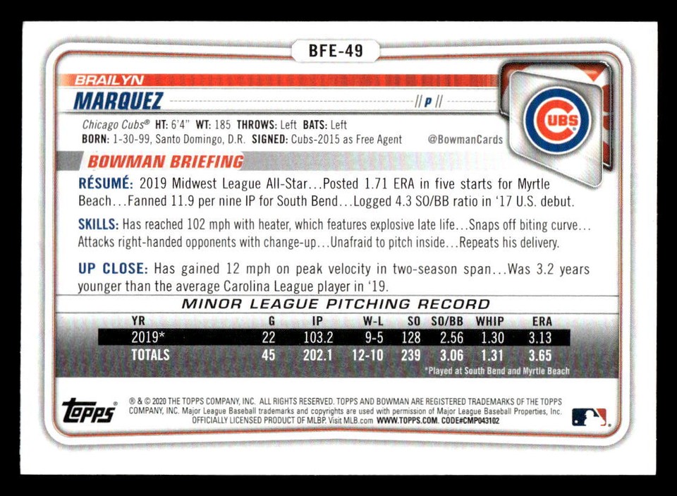 Brailyn Marquez 2020 Bowman 1st Edition #BFE-49 Chicago Cubs | eBay
