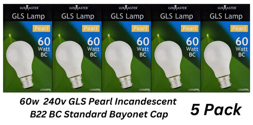 5 x 60W GLS Pearl Incandescent Light Globes Bulbs B22 BC Bayonet 240 V ...