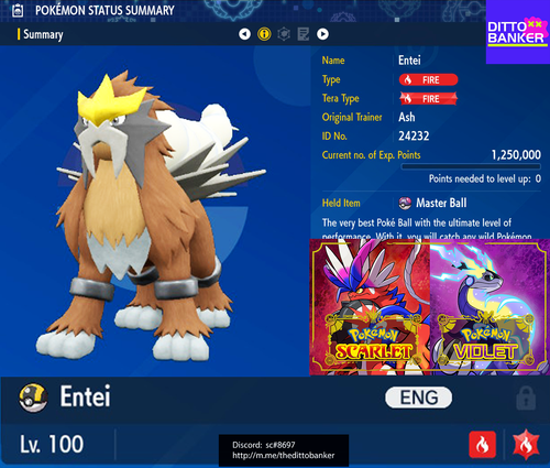 Pokemon Scarlet/Violet SHINY Entei Lv.100 6IV Adamant/ MasterBall Tradę ...