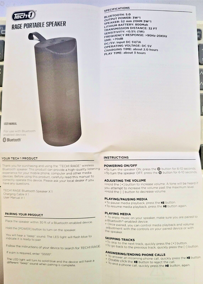 NEW Tech 1 RAGE Portable Splashproof Bluetooth Wireless Speaker - BLACK ...