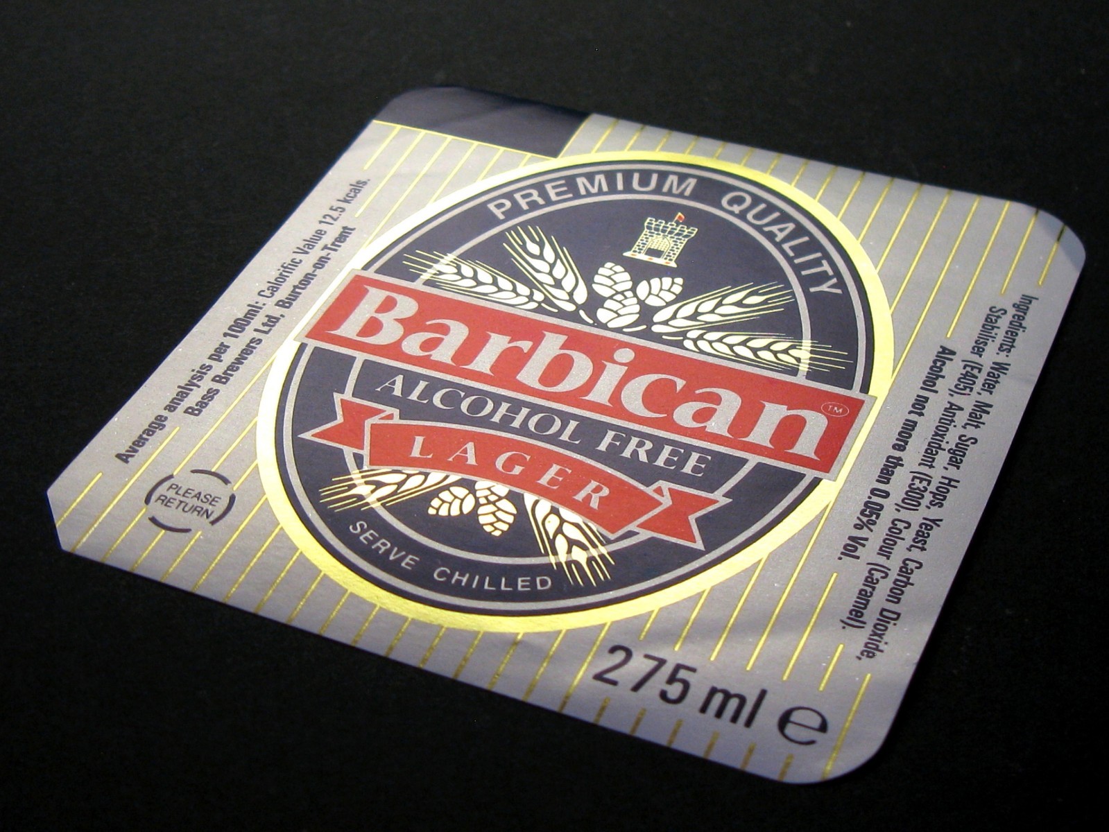 Bass Brewers BARBICAN LAGER- ALCOHOL FREE beer label ENGLAND 275ml | eBay