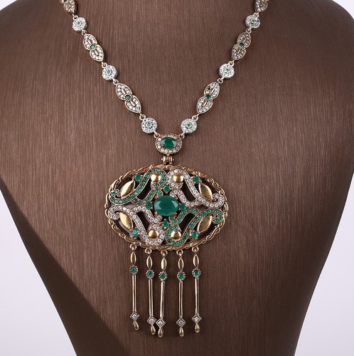 VINTAGE OTTOMAN SIMULATED EMERALD .925 SILVER & BRONZE NECKLACE #43651 ...