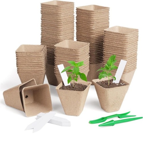 50 Piece Plant Pots Set Square Fibre with Plant Labels and Digging ...
