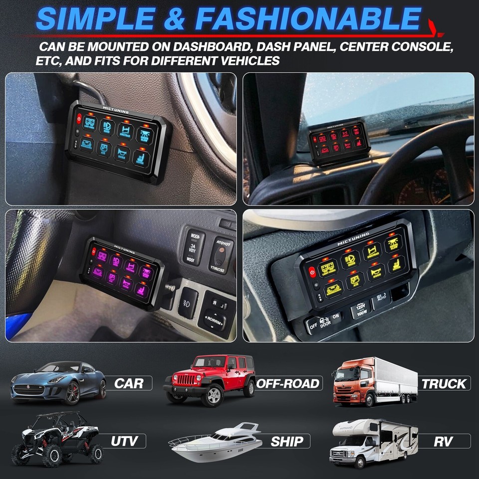 RGB 8 Gang Switch Panel, LED Light Circuit Control Relay System Box Car ...