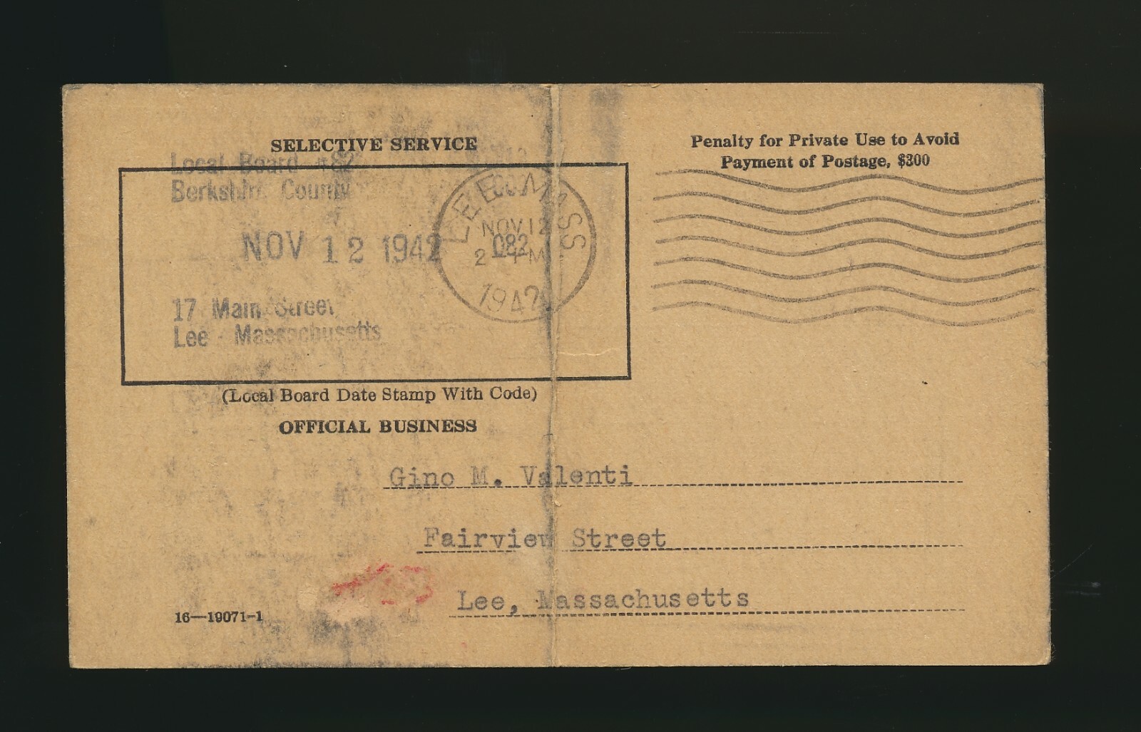 November 12, 1942 WWII Selective Service Card Notice of Classification ...