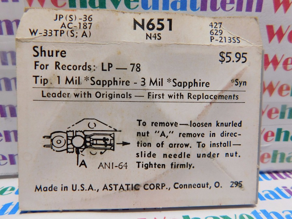ASTATIC N651 / REPLACES SHURE JPS-36, AC-187, W-33TP, N-4S / 1 PIECE ...