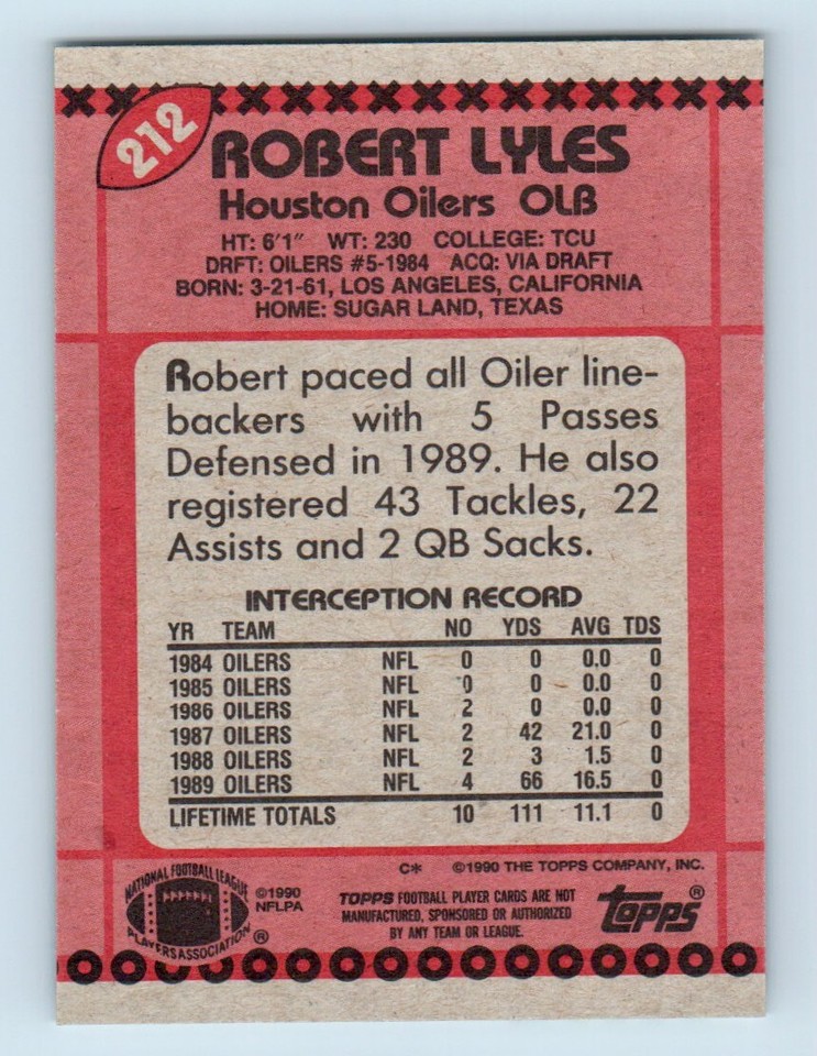 1990 Topps Robert Lyles Houston Oilers #212 | eBay