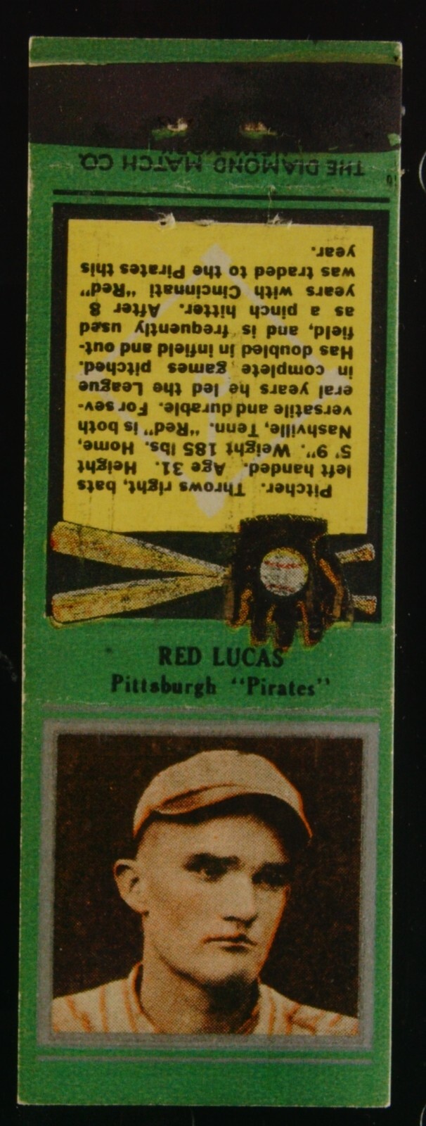 1934 Diamond Matchbooks Green Red Lucas Pittsburgh Pirates | eBay