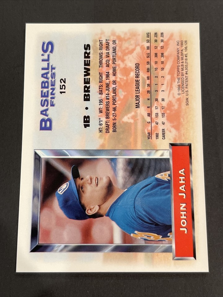 JOHN JAHA 1993 TOPPS FINEST REFRACTOR #152 MILWAUKEE BREWERS / 241 | eBay
