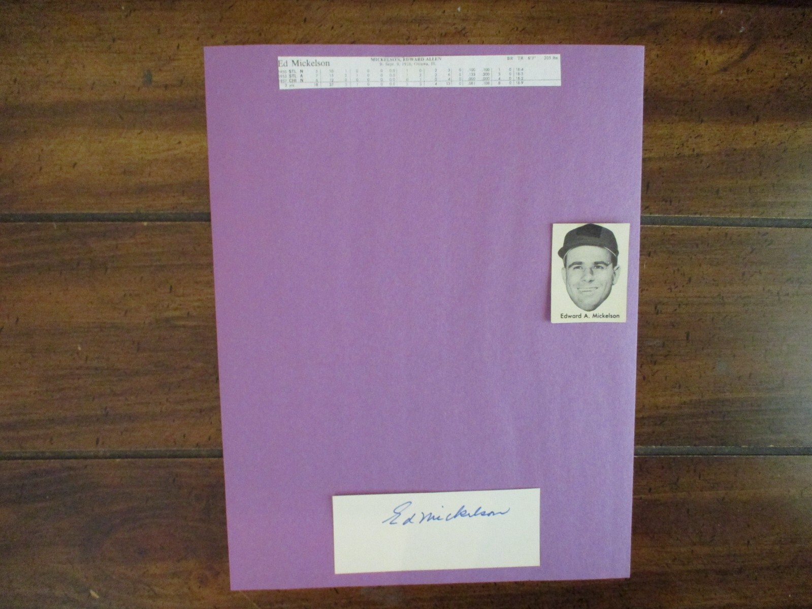 ED MICKELSON Signed Trimmed Index Card w/8 1/2" x 11" Display w/Stats ...