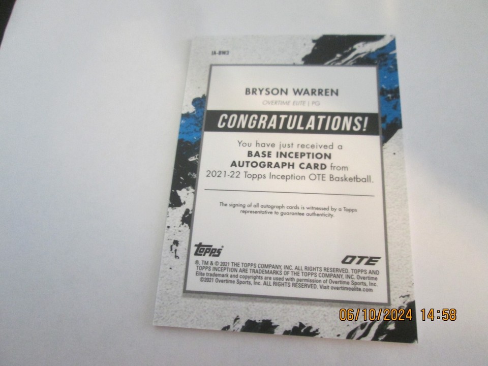 BRYSON WARREN 2021/22 TOPPS INCEPTION BASE AUTOGRAPH CARD #IA-BW3 17/99 ...