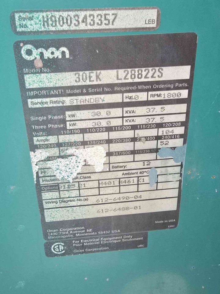 30KW Onan 30EKL28822S Nat Gas LP Generator 1PH '90 894Hrs TESTED | eBay