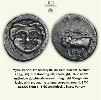 Ancient Greek Mysia, Parion 4th C. BC Silver Hemidrachm Gorgon / Bull ...