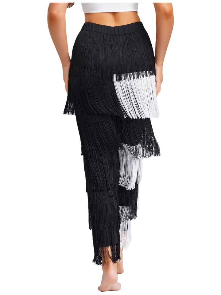 Womens Latin Dance Fringe Pants Elastic Waistband Tassel Trousers Salsa ...