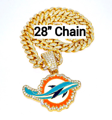 MIAMI DOLPHINS GEM NECKLACE Gold Bling NFL Hip Hop Pendant & 28" Chain ...
