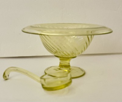Vintage URANIUM VASELINE GLASS 2pc MAYONNAISE Bowl & SPOON Ladle Swirl ...