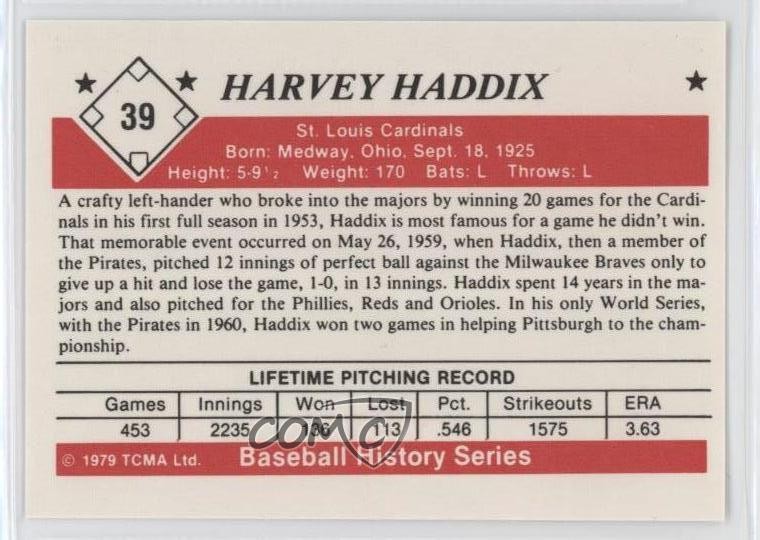 1979 TCMA Baseball History Series the 1950's Harvey Haddix #39 | eBay