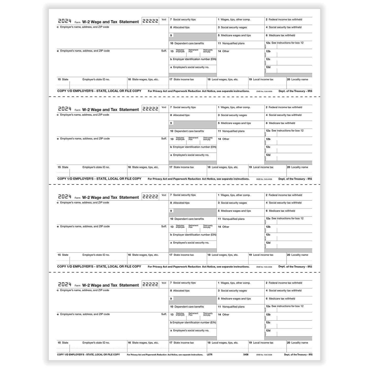 APEX W-2 4-Up Horizontal Employer’s Copies 1/D, 1/D, 1/D, 1/D Combined ...