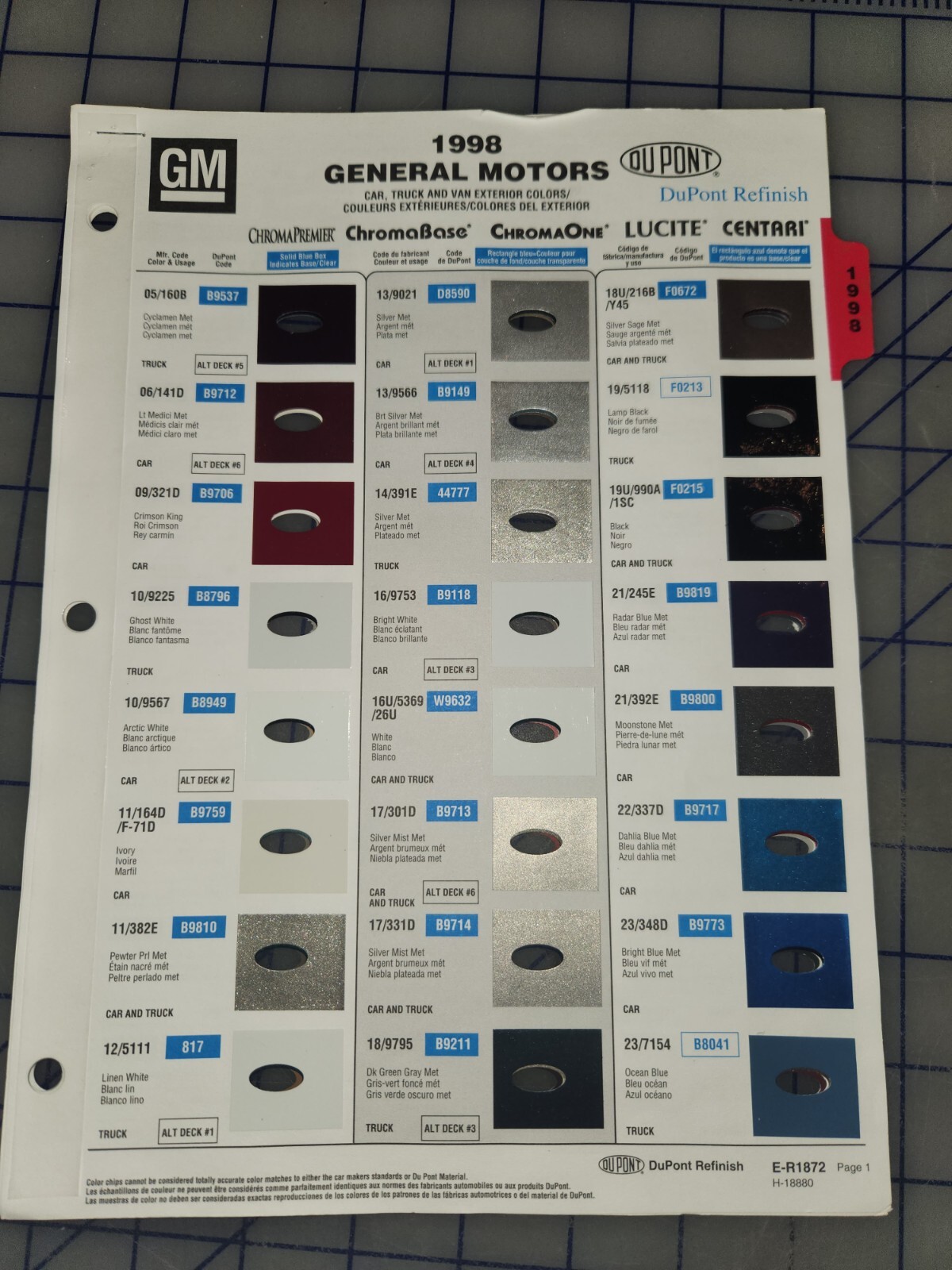 1998 GM Color Chips Sheet Brochure | eBay