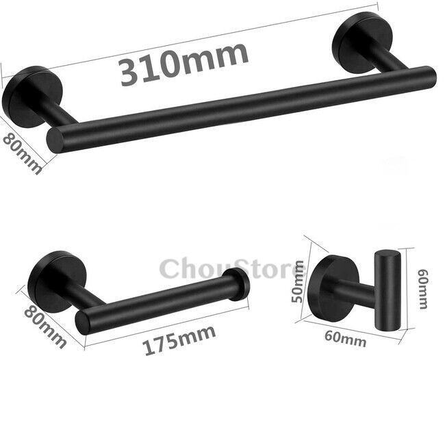 Black 3pc Bathroom Accessory Set Hand Towel Rail Toilet Roll Holder ...