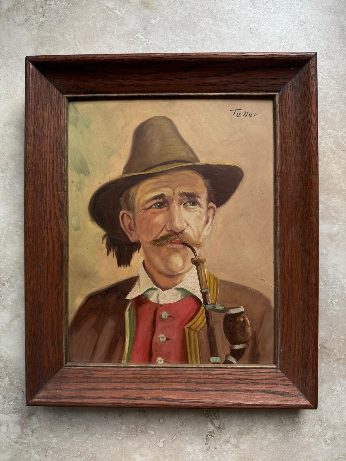 Vintage Painting on Wood of a mature European man Smoking a Pipe ...