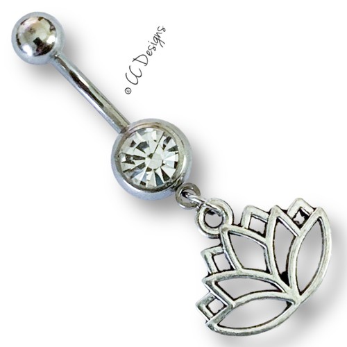 14g White Sparkle Cz Dangle Metal Lotus Blossom Flower Belly Ring B104 ...