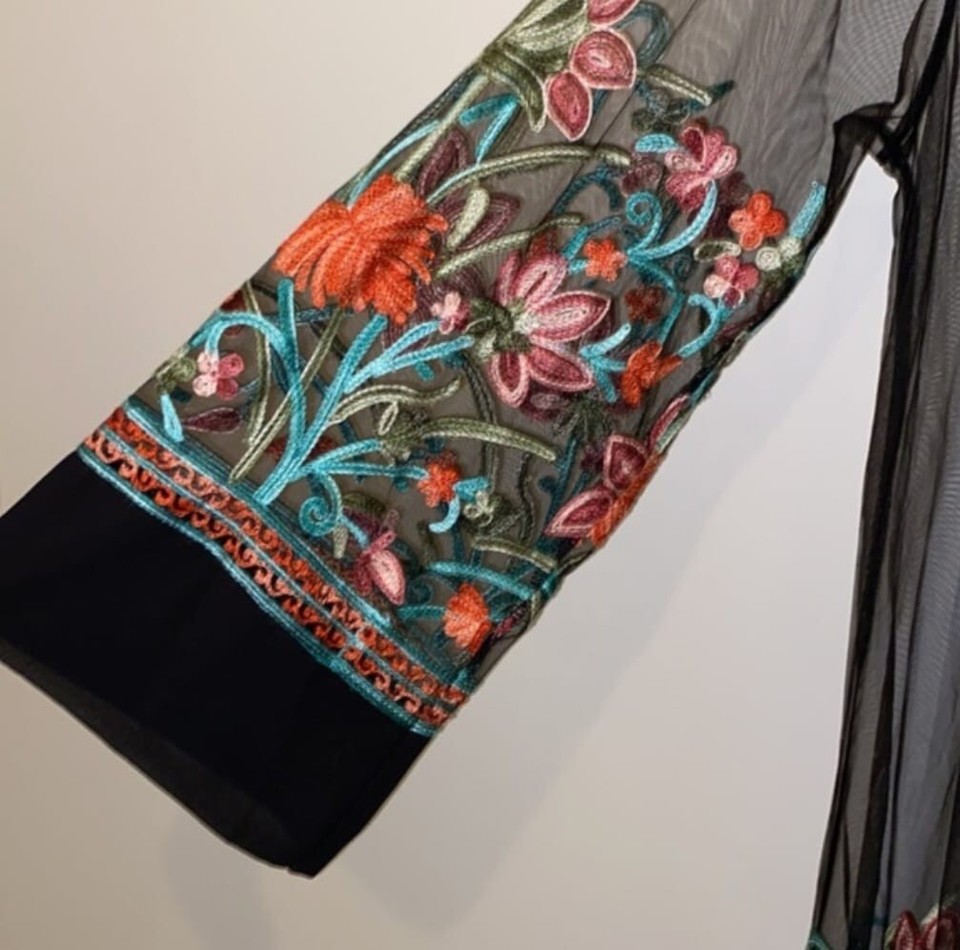 NWT Summer Black Mesh Floral Embroidered Long Beach Duster LongSleeve ...