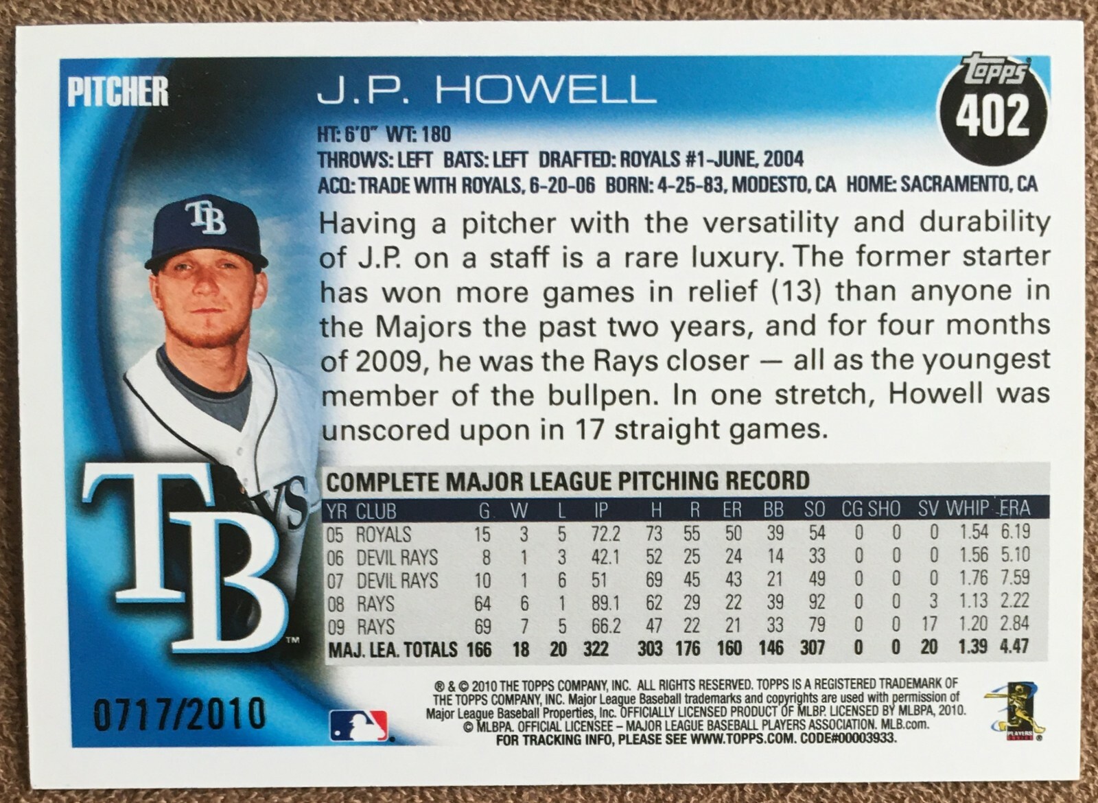 2010 Topps - Gold #402 J.P. Howell /2010 for sale online | eBay