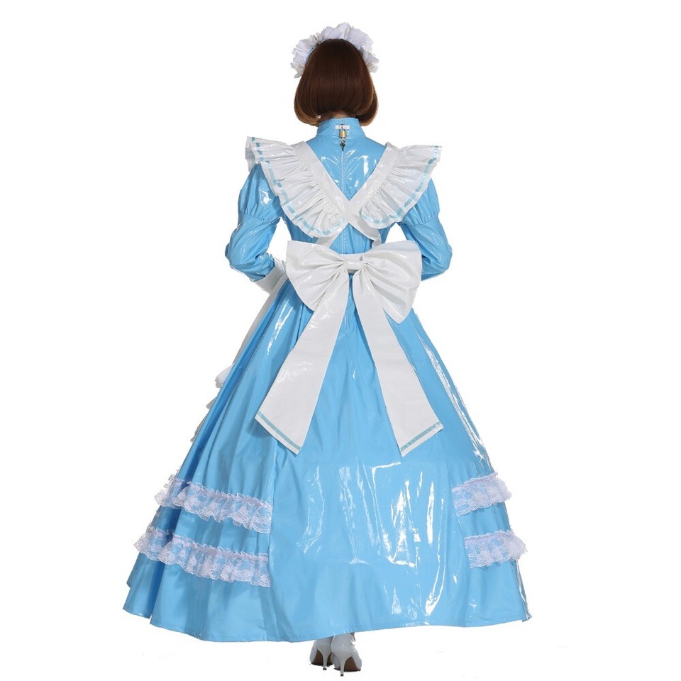 French Maid Girl Sissy Lockable Blue PVC Dress Cosplay Costume Tailor ...