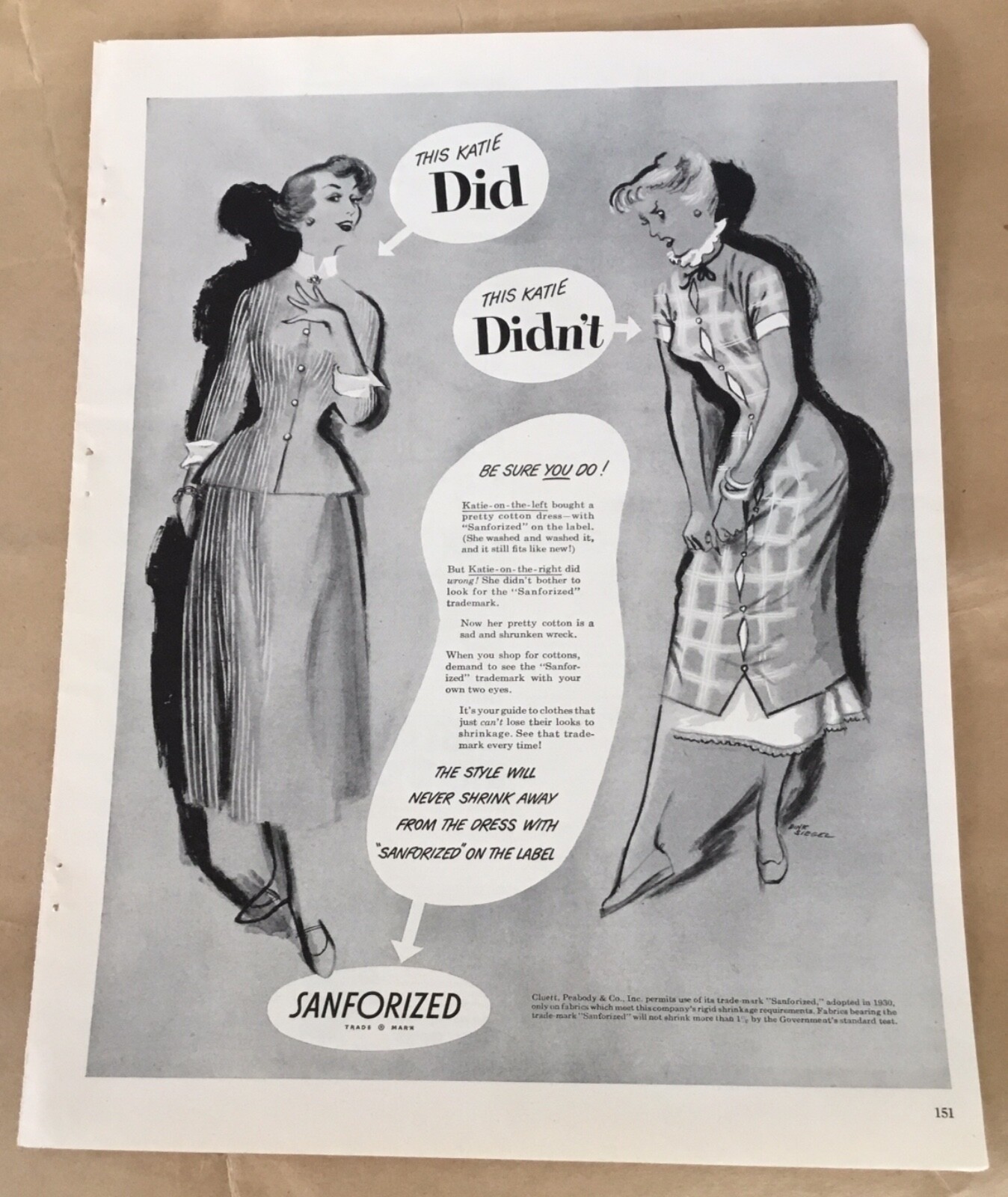 Sanforized clothing 1949 vntge print ad 40s art fashion illustration ...