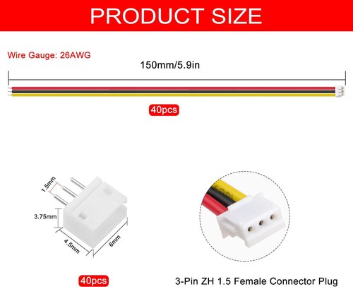 40 Sets Mini Micro JST 1.5 ZH 3 Pin Connector Plug Male with 150mm ...