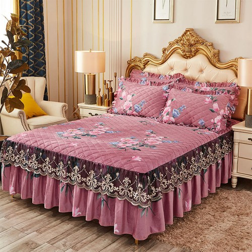Luxury Lace Velvet Quilted Bedspread King Full Bedskirt Ruffle Soft ...