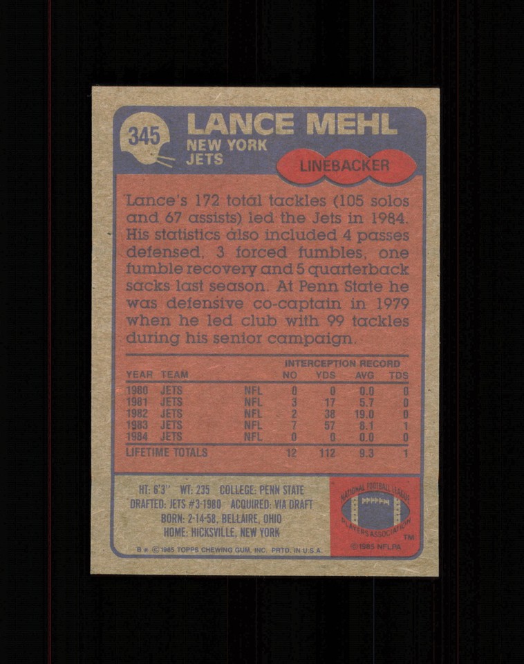 1985 Topps Football #345 Lance Mehl New York Jets | eBay