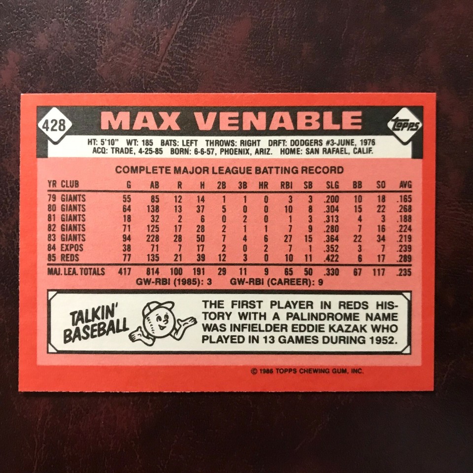 1986 Topps TIFFANY Set MAX VENABLE #428 CINCINNATI REDS ** MINT ** HIGH ...