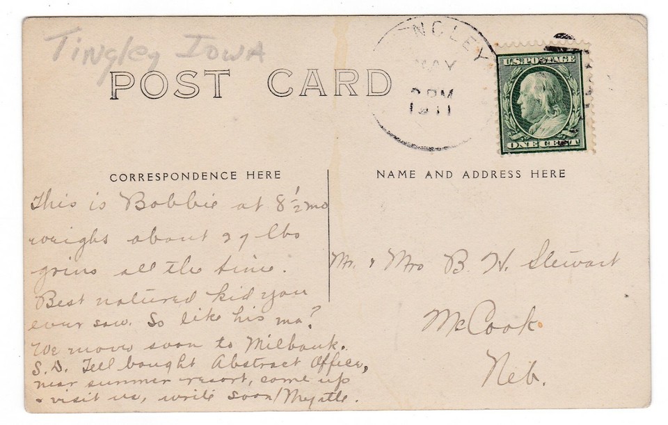 1911 RPPC TINGLEY IOWA HAPPY BABY VINTAGE REAL PHOTO POSTCARD IA MCCOOK ...